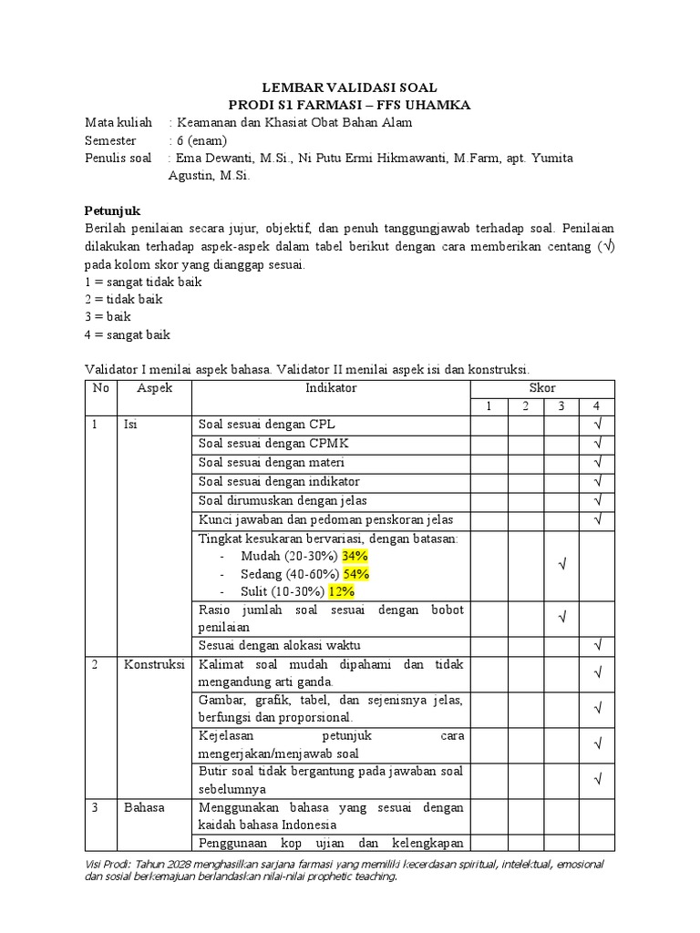 Contoh LEMBAR VALIDASI SOAL Mata Kuliah | PDF