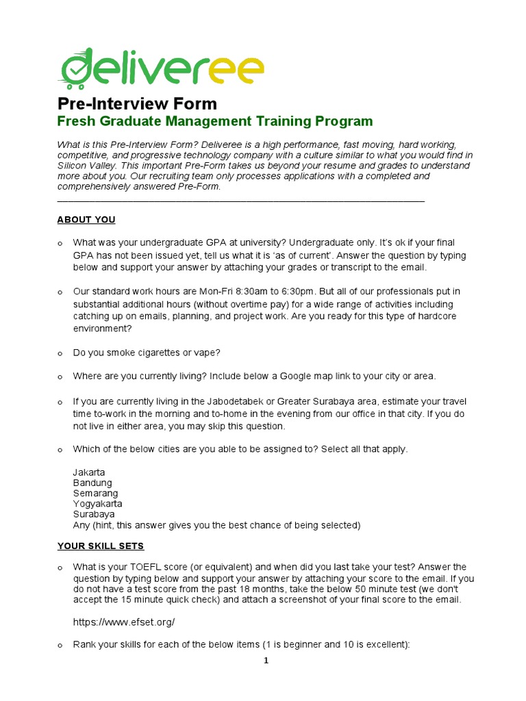 Deliveree Graduate Training Pre-Interview Form | PDF | Computing