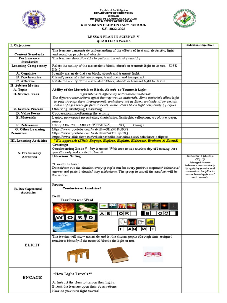 Science V Lesson Plan: Light Properties | PDF