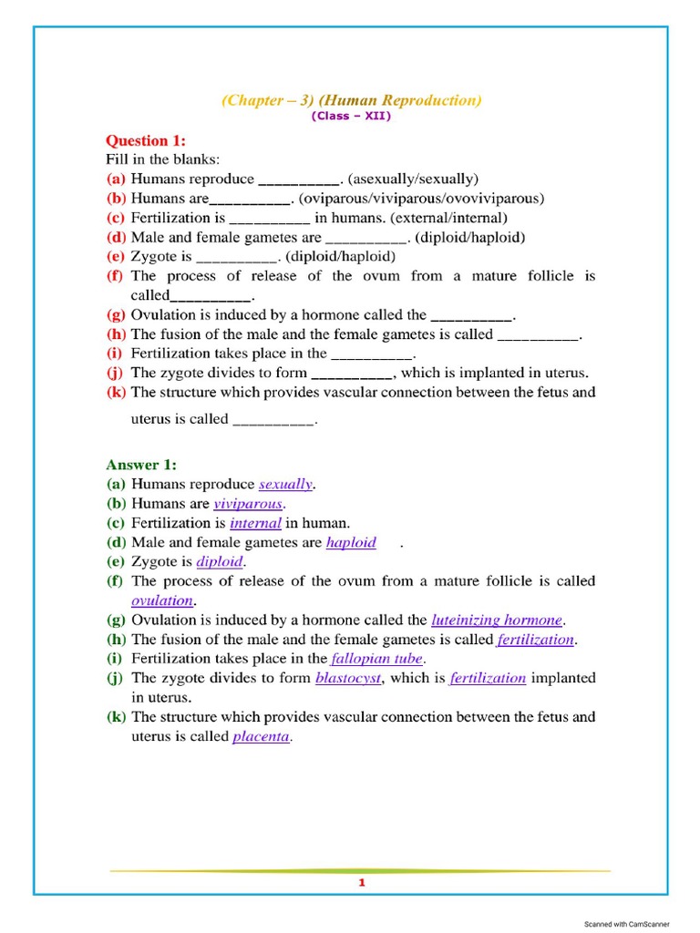 ch-3 Human Reproduction NCERT Book back questions& answers | PDF