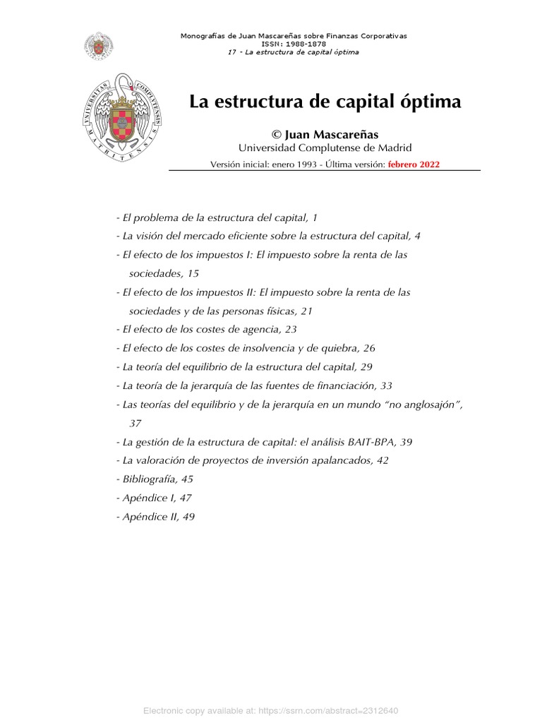 La Estructura de Capital Óptima - Mascareñas - 2022 | PDF