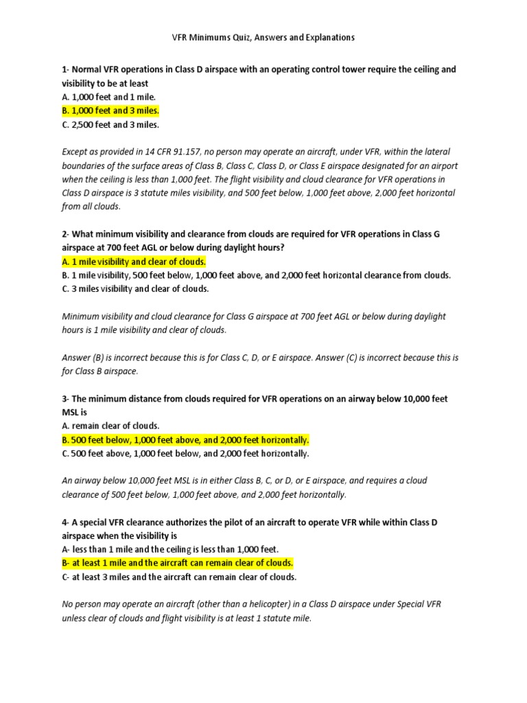 VFR Quiz Answers | PDF | Visual Flight Rules | Aerospace Engineering