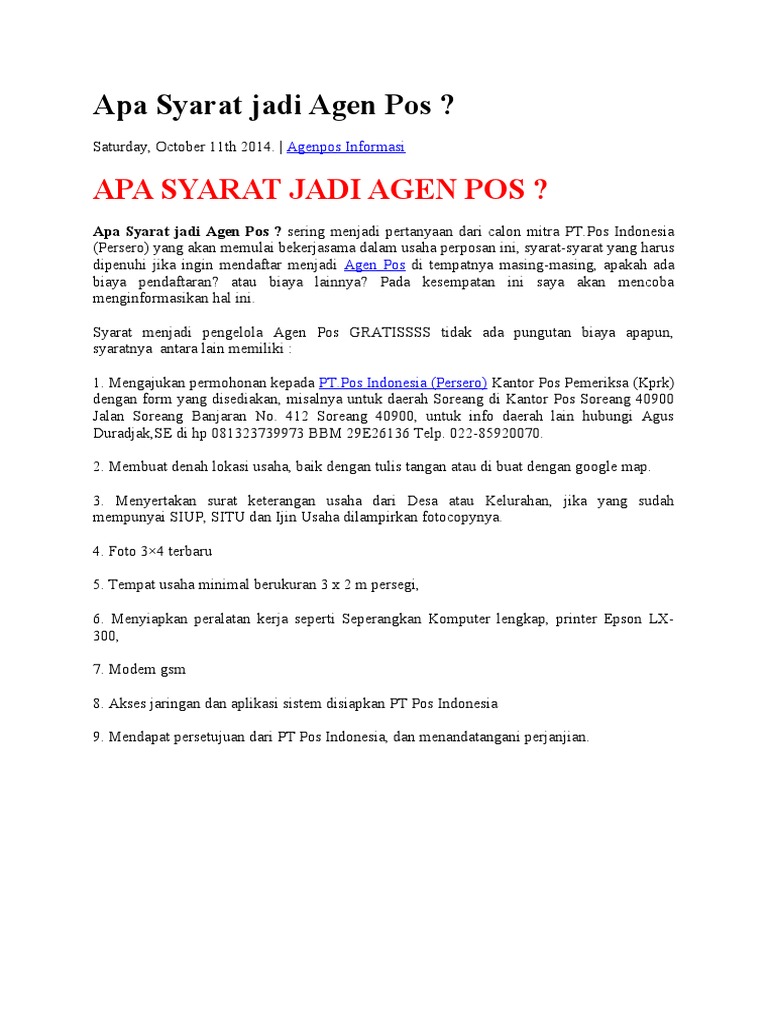 Syarat Menjadi Agen Pos Indonesia | PDF | Bisnis