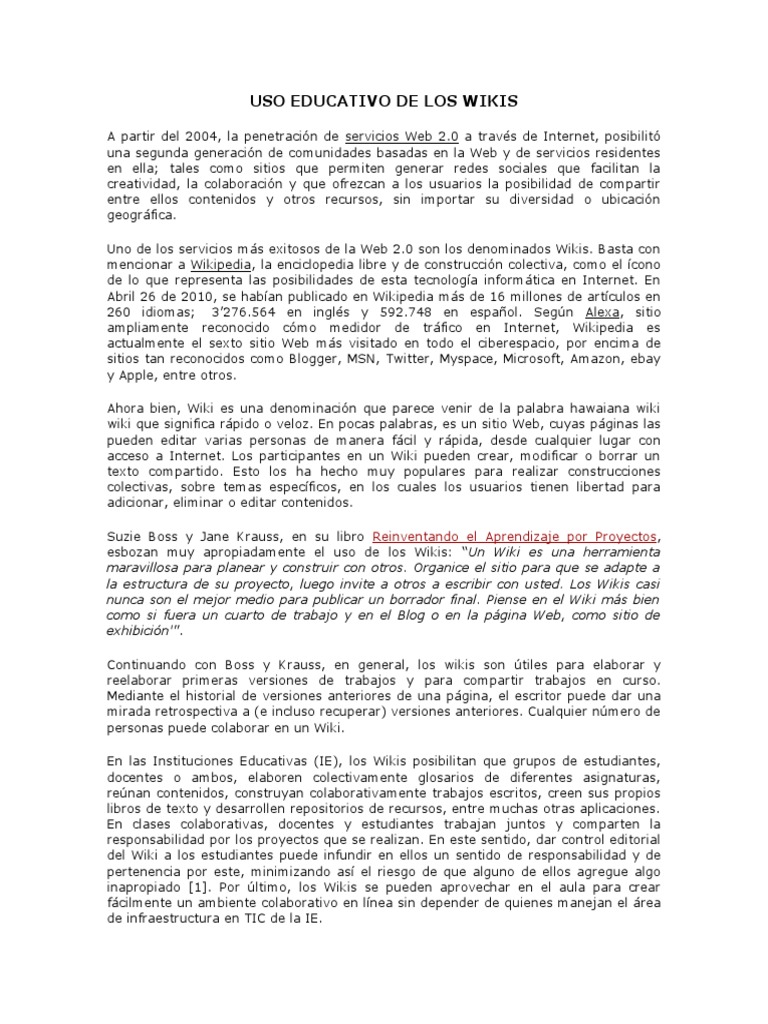Uso Educativo de Los Wikis | PDF | Wiki | Wikipedia