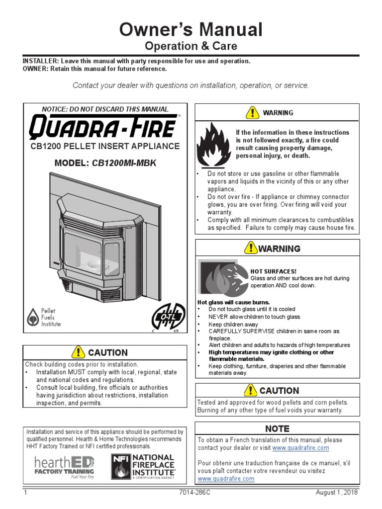 CB1200 Pellet Insert Owner's Manual | PDF | Fires | Stove