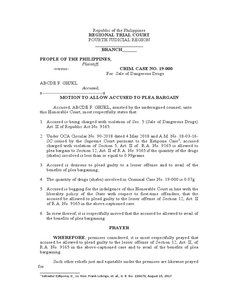 Motion for Plea Bargaining in Drug Case | PDF | Plea | Plea Bargain