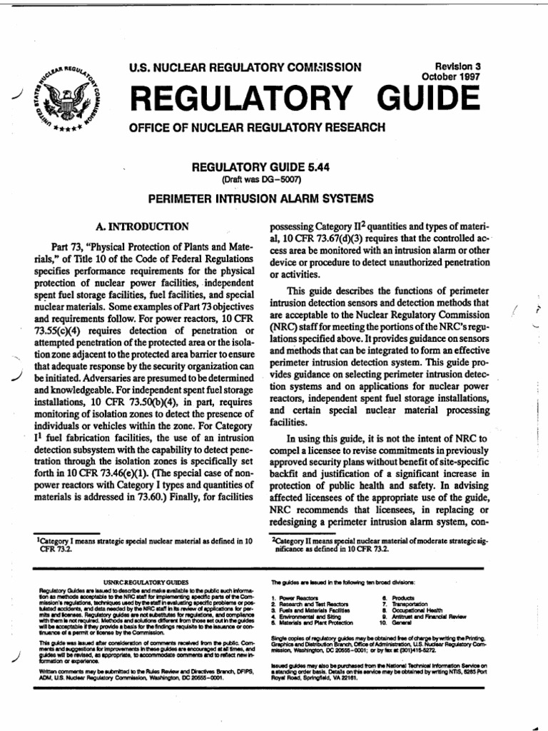 Regulatory Guide 5.44 Revision 3 (Draft was DG-5007) Perimeter Intrusion Alkarm Systems | PDF ...