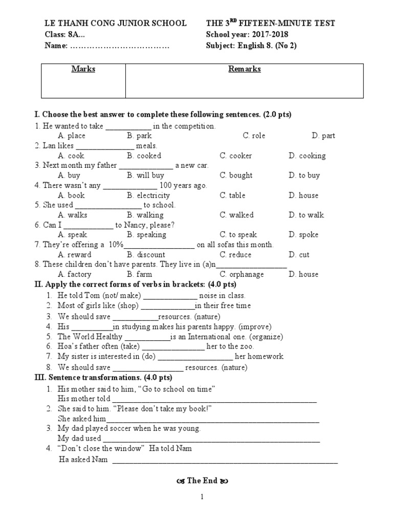 15 Test 3RD Grade 8 02 LL PDF Linguistics Syntax