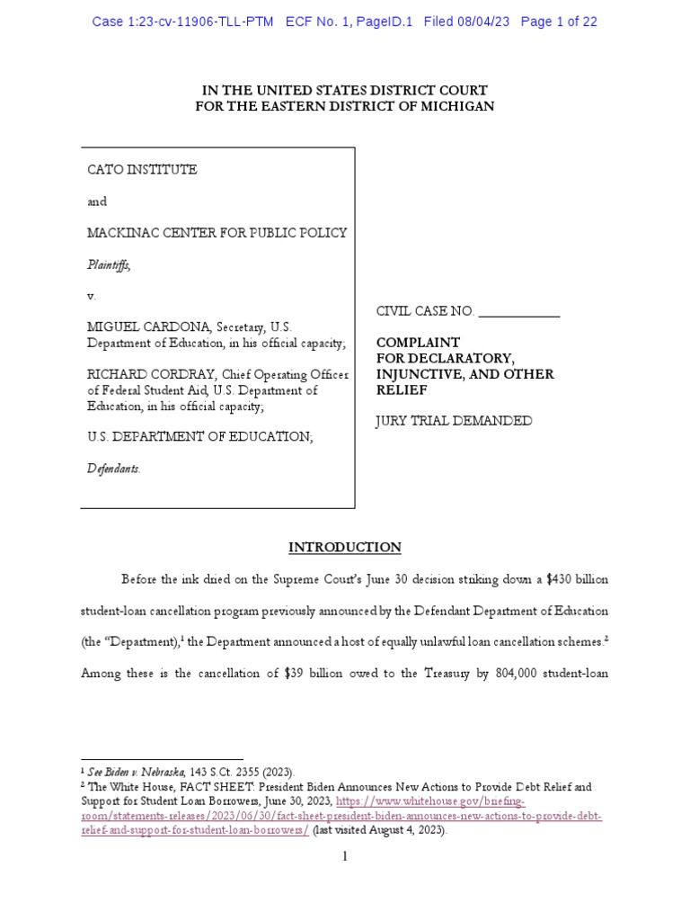 Cato v. Cardona - Plaintiffs' Complaint | PDF | Student Loans In The ...