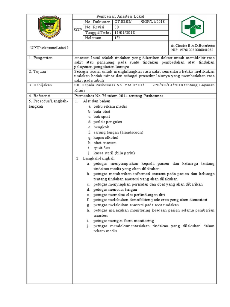 SOP Anastesi Lokal | PDF