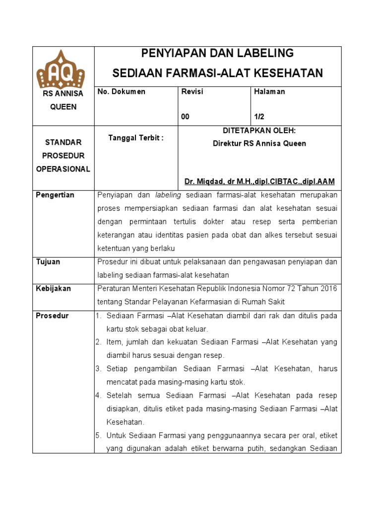 Sop Penyiapan Dan Labeling Sediaan Farmasi Alat Kesehatan Pdf