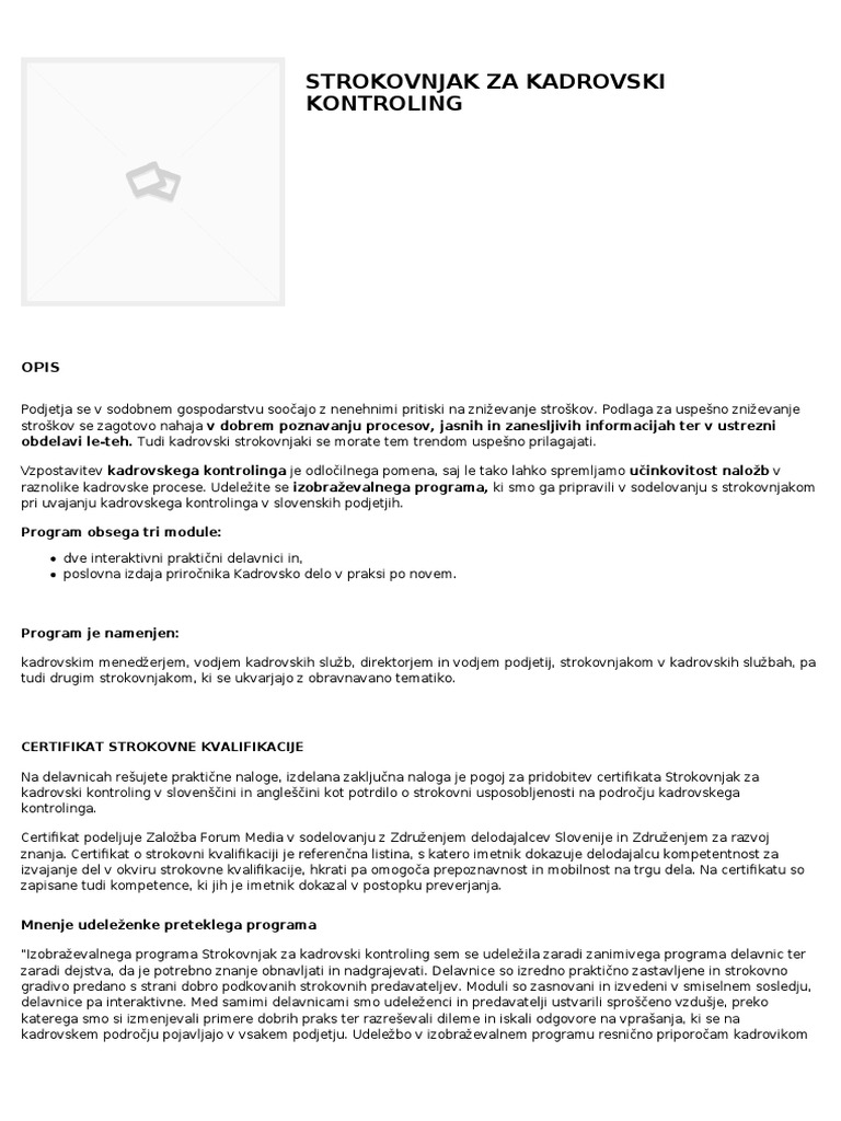 Strokovnjak Za Kadrovski Kontroling | PDF