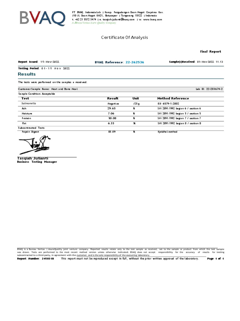 BVAQ Meat and Bone Meal Analysis | PDF | Nutrition | Diet & Nutrition