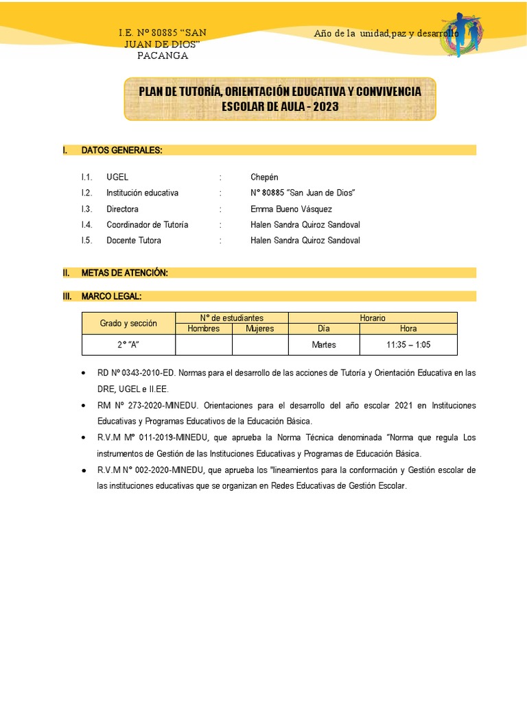 PLAN DE TRABAJO DE TUTORIA DE AULA 2c - 2023 Sandra | PDF | Maestros ...
