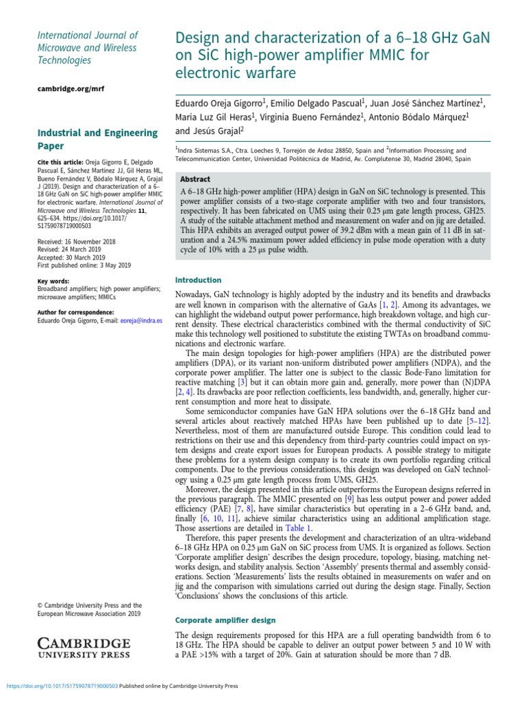 Design and Characterization of A 6 18 GHZ Gan On Sic High Power Amplifier Mmic For Electronic ...
