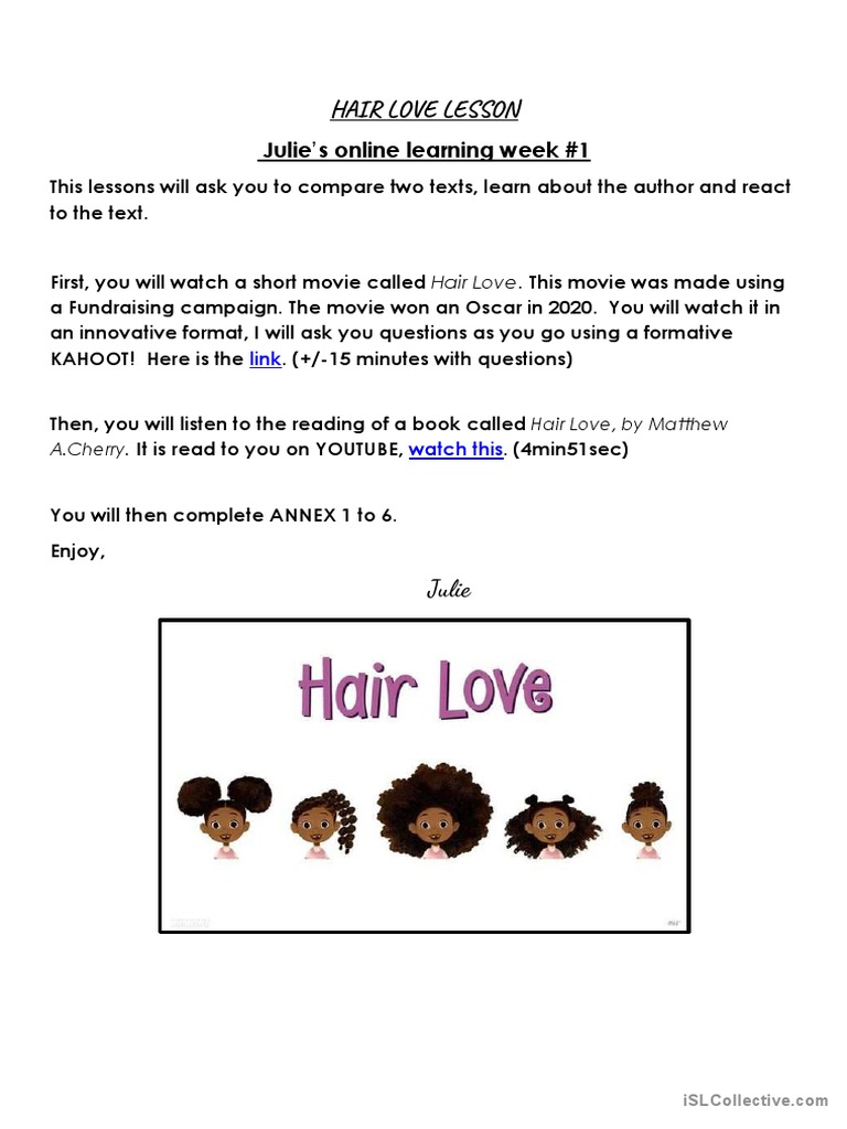 Hair Love - Worksheet Around The Short Movie and The Book | PDF