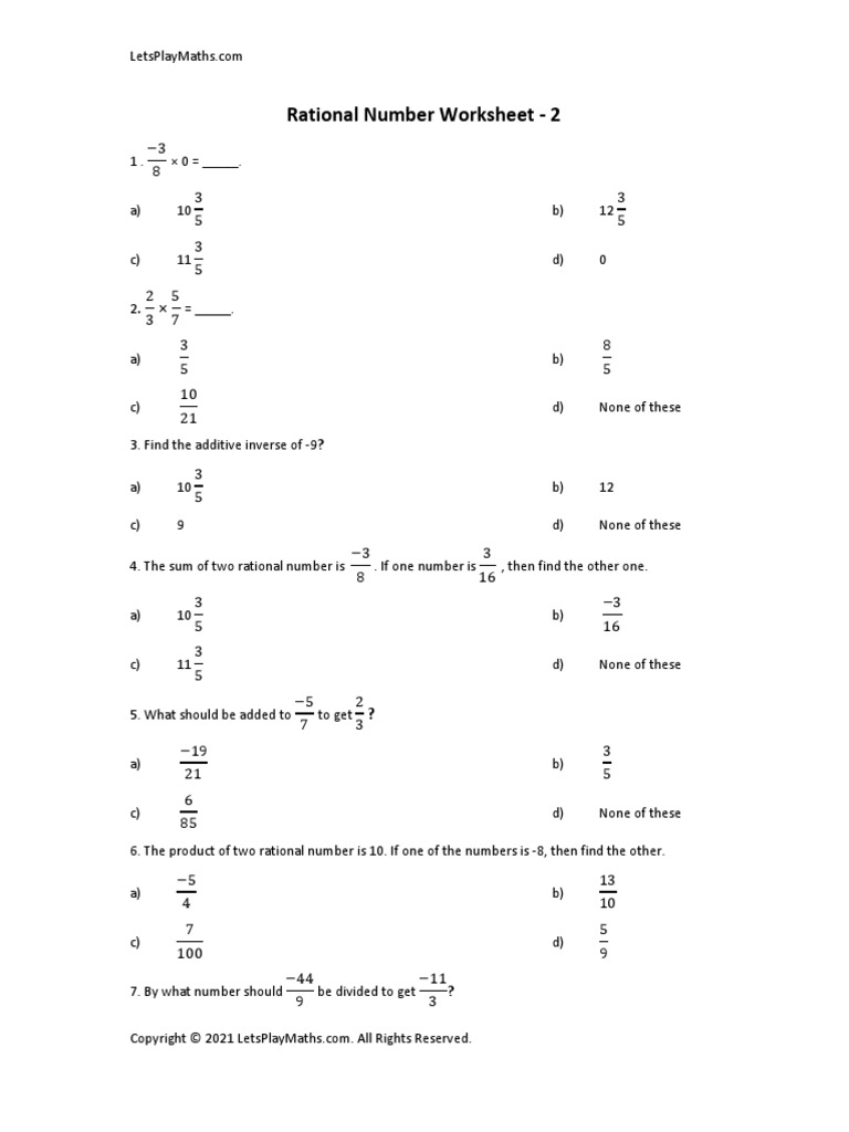 Rational Numbers Worksheet-2 | PDF | Arithmetic | Mathematical Objects
