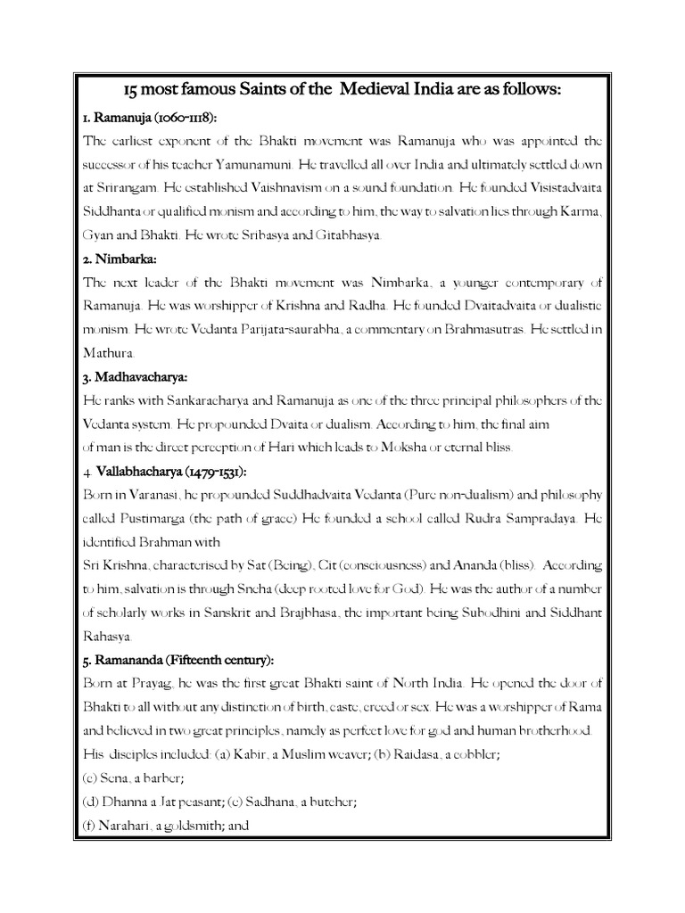 Famous Bhakti Saints of Medieval India | PDF | Vedanta | Vaishnavism