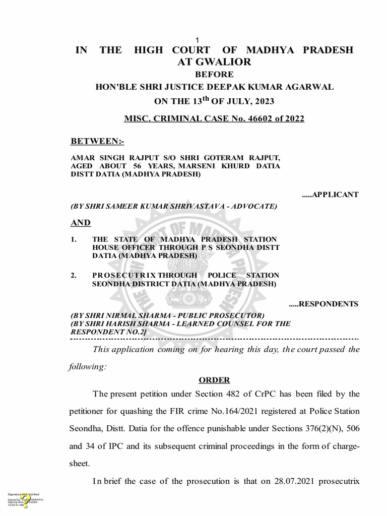 Amar Singh Rajput Vs State of Madhya Pradesh Misc Criminal Case No ...