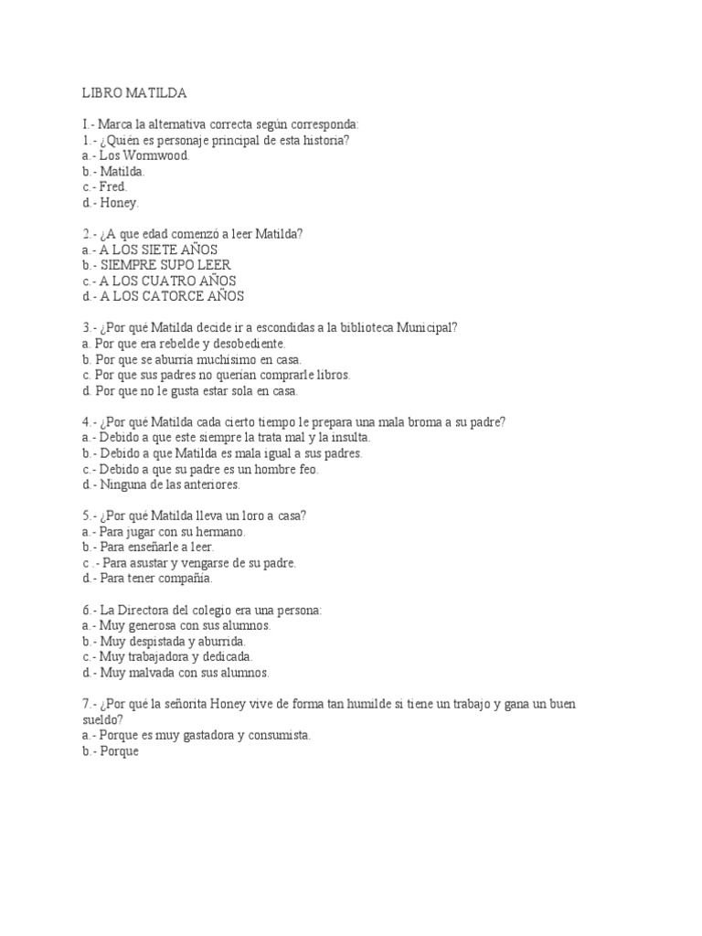 LIBRO MATILDA - Preguntas | PDF