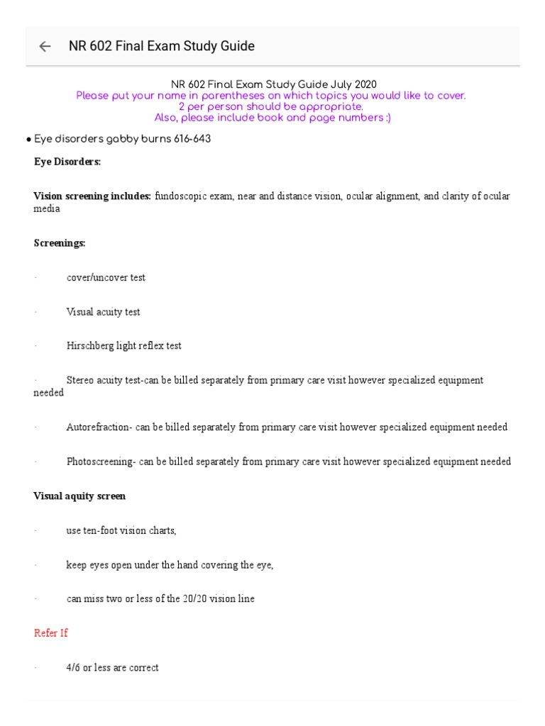 NR 602 Final Exam Study Guide | PDF | Human Eye | Glaucoma