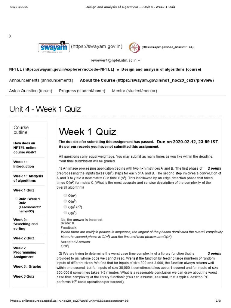 Daa 2020 Week 01 Assignment 01 Pdf Time Complexity Algorithms 1025