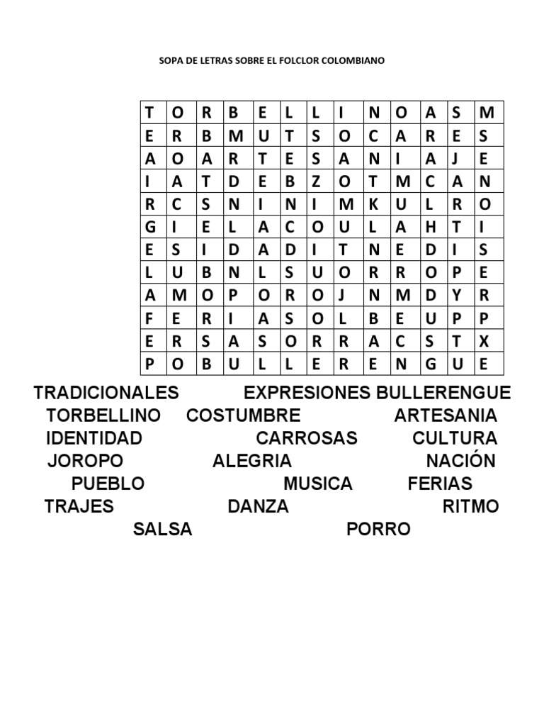 Sopa de Letras Sobre El Folclor Colombiano | PDF | Música latino-americana