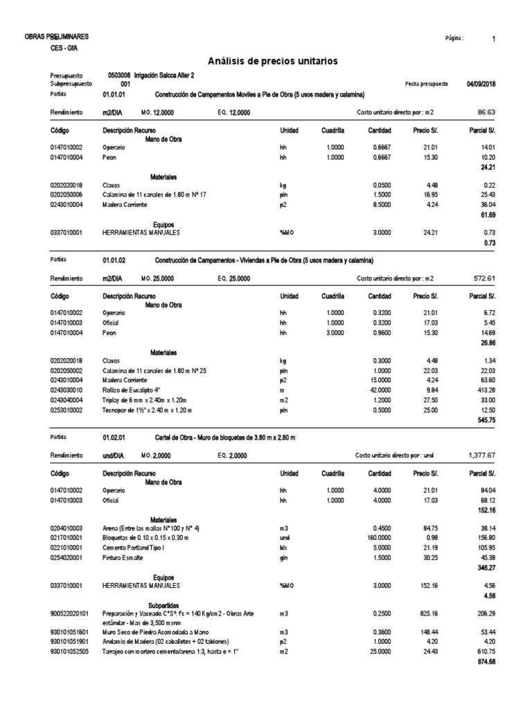Análisis de Precios Unitarios: Página | PDF | Construyendo tecnología | Materiales