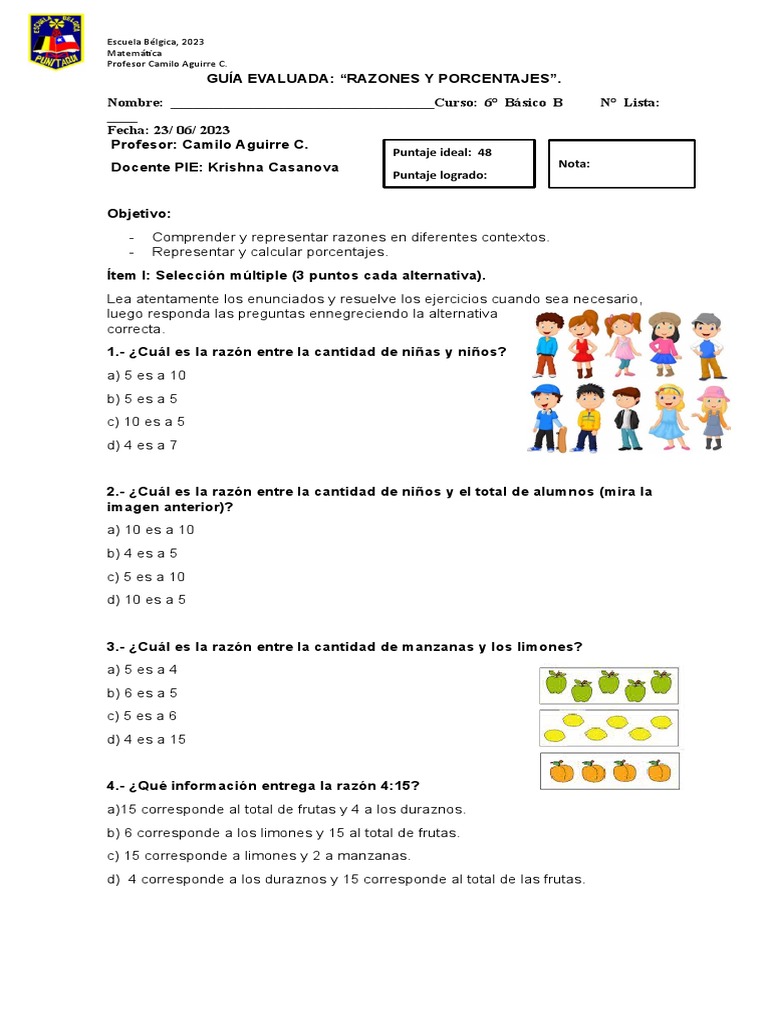 Guía de Razones y Porcentajes 6° Básico | PDF | Porcentaje | Matemáticas
