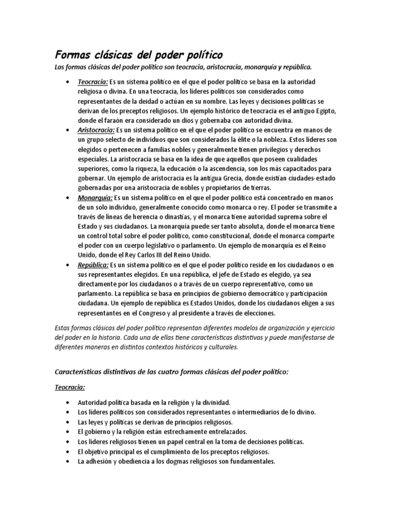 Formas Clásicas Del Poder Político | PDF | Monarca | Monarquía