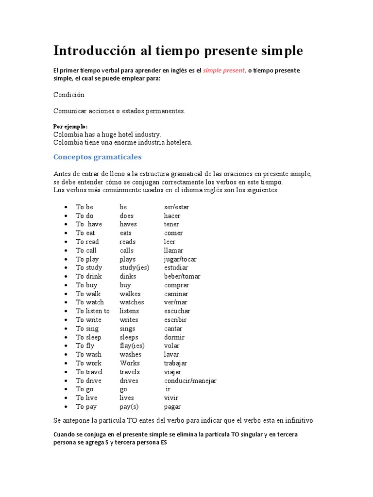 Introducción Al Tiempo Presente Simple Pdf