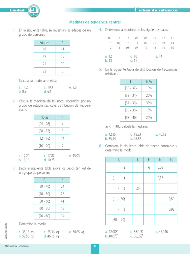 Ficha - Refuerzo - Medidas - de - Tendencia - Central Tablas Datos Agrupados | PDF | Muestreo ...