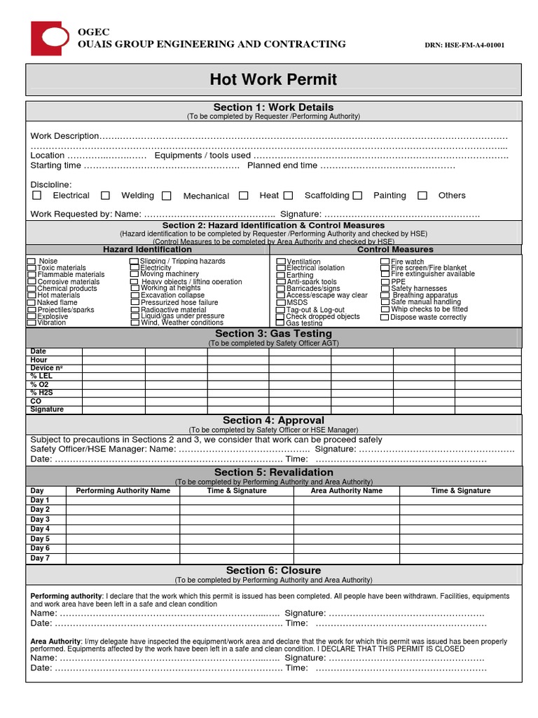 HSE-FM-A4-01001 OGEC Hot Work Permit Form | PDF