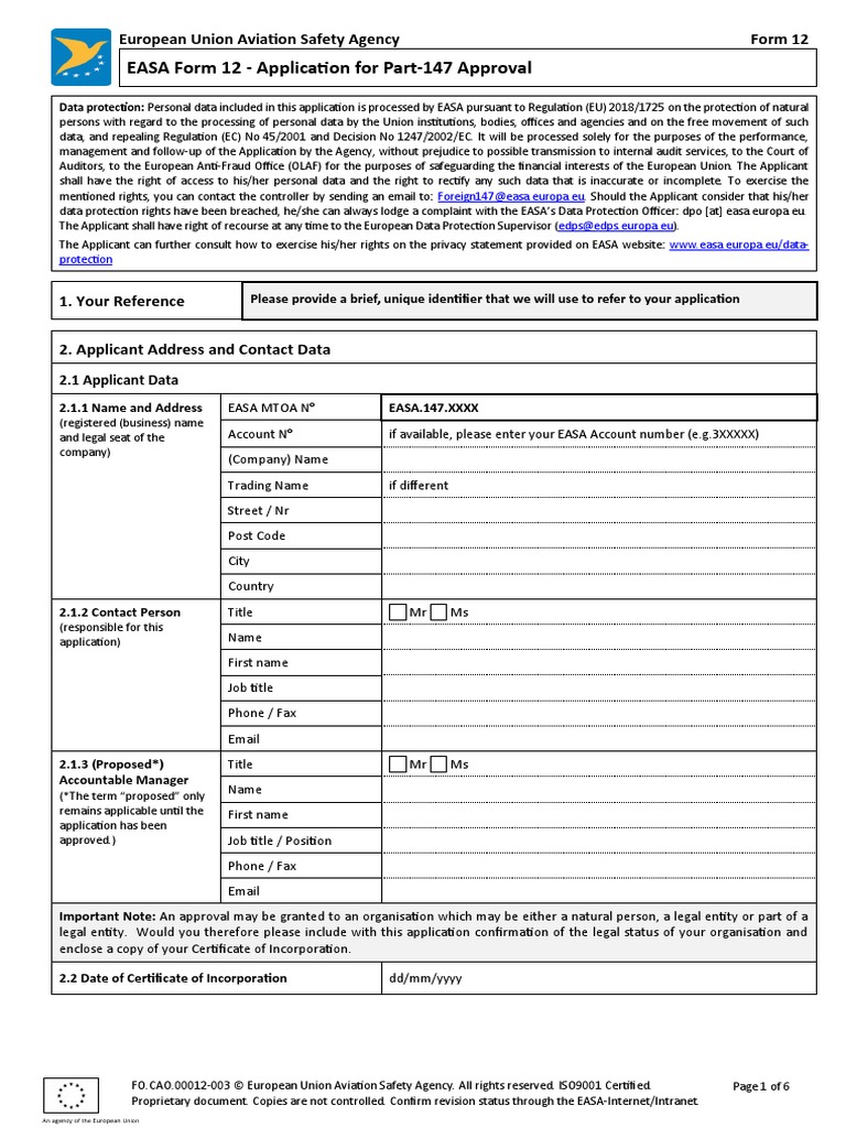 FO - CAO - .00012-003 EASA Form 12 - Application For Part-147 Approval - Final - 0 | PDF