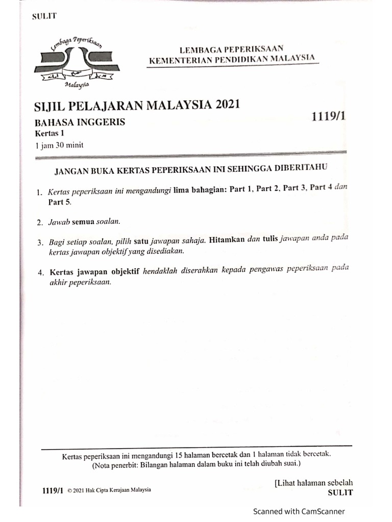 SPM ENGLISH 2021 P1&2 | PDF