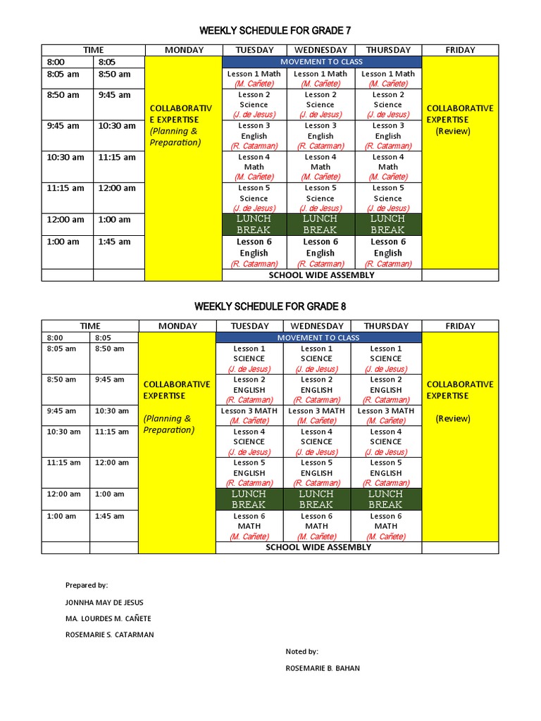 Grade 7 Weekly Class Schedule | PDF