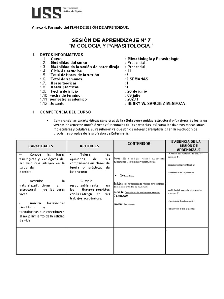 7 Sesión de Aprendizaje USS - Microbiologia y Parasitologia | PDF | Aprendizaje | Evaluación