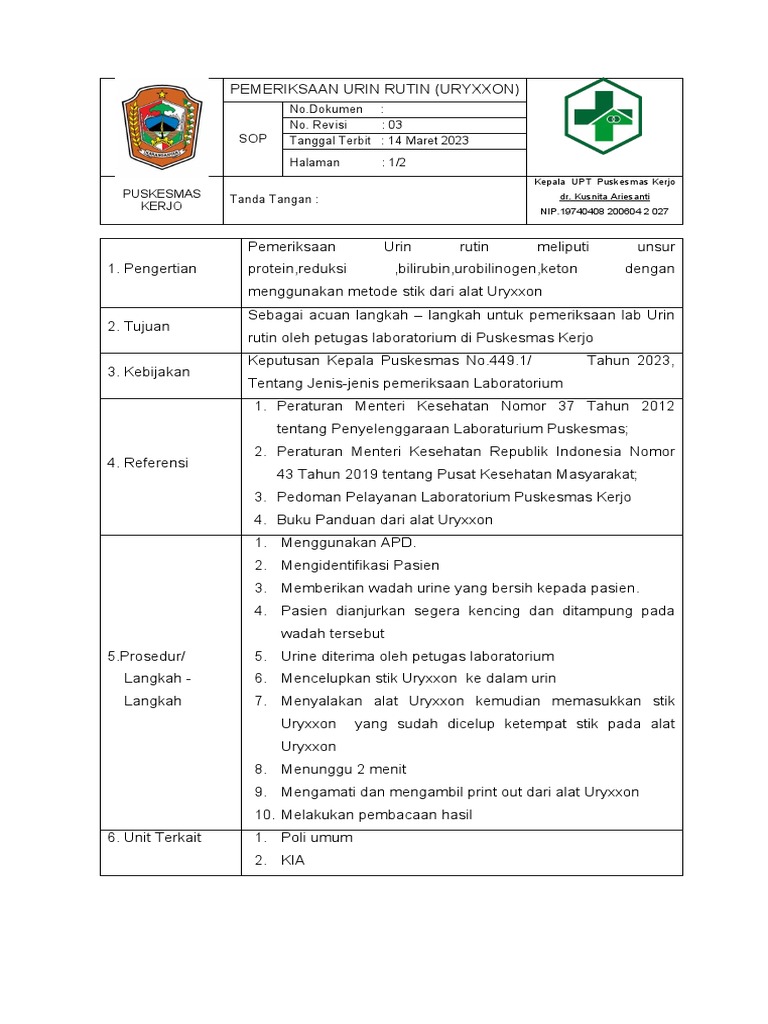 Prosedur Pemeriksaan Urin Rutin Uryxxon | PDF