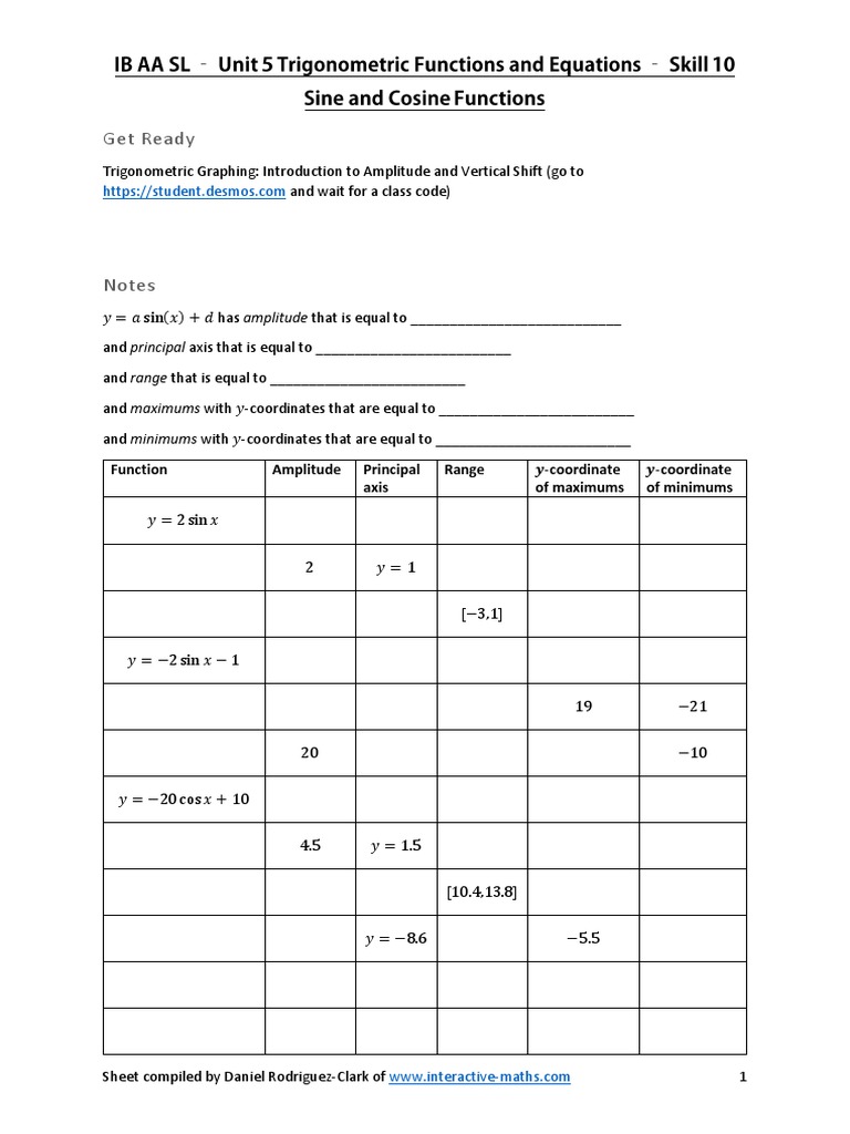 10 - Lesson Sheet - Sine and Cosine Functions | PDF | Elementary ...
