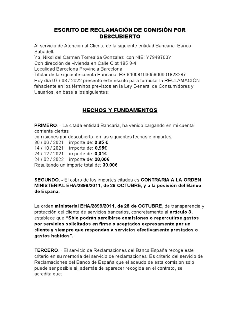 Escrito de Reclamación de Comisión Por Descubierto | PDF | Bancos | Justicia