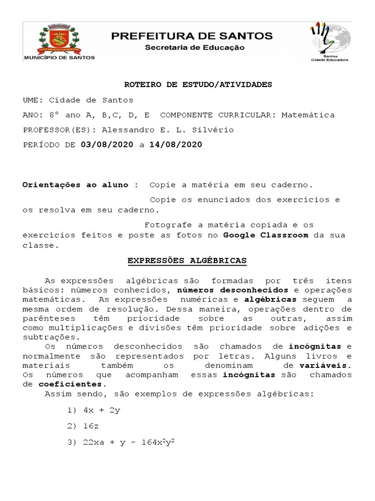 5 - Ativ. Mat. 8o Ano | PDF | Álgebra abstrata | Álgebra