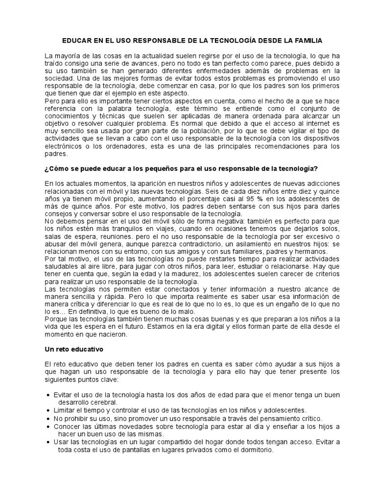 EDUCAR EN EL USO RESPONSABLE DE LA TECNOLOGÍA DESDE LA FAMILIA Lectura ...