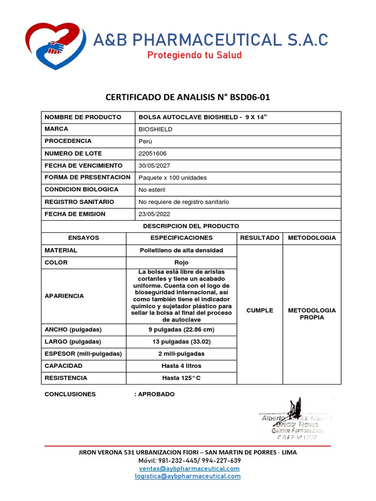 CERTIFICADO DE ANALISIS - BOLSA AUTOCLAVE BIOSHIELD 9 X 14 - LOTE ...