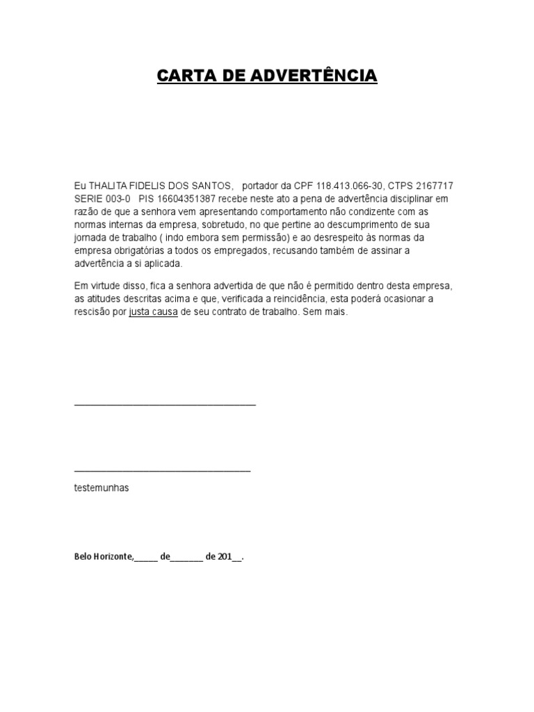 Carta de Advertência Disciplinar | PDF Carta de Advertência Disciplinar | PDF