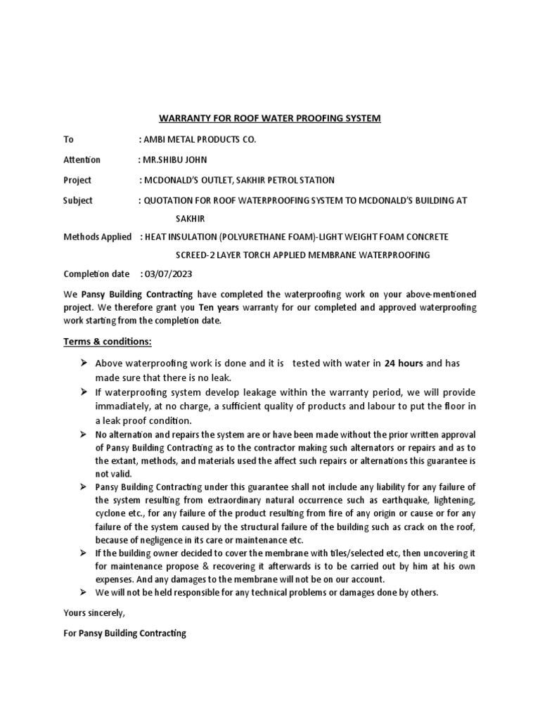 10-Year Waterproofing Warranty Certificate | PDF | Home & Garden ...