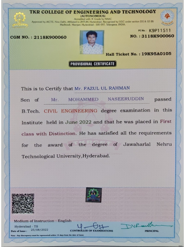 Fazul B Tech Provisional Certificate | PDF