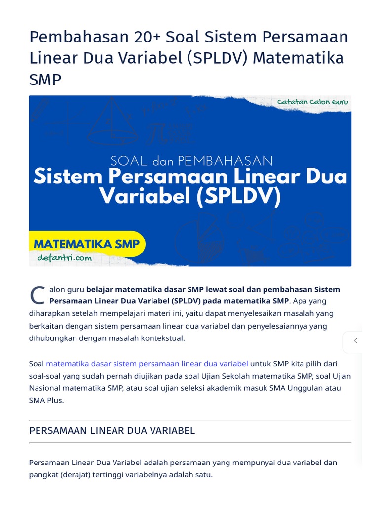 Pembahasan 20+ Soal Sistem Persamaan Linear Dua Variabel (SPLDV) Matematika SMP | PDF | Sains ...