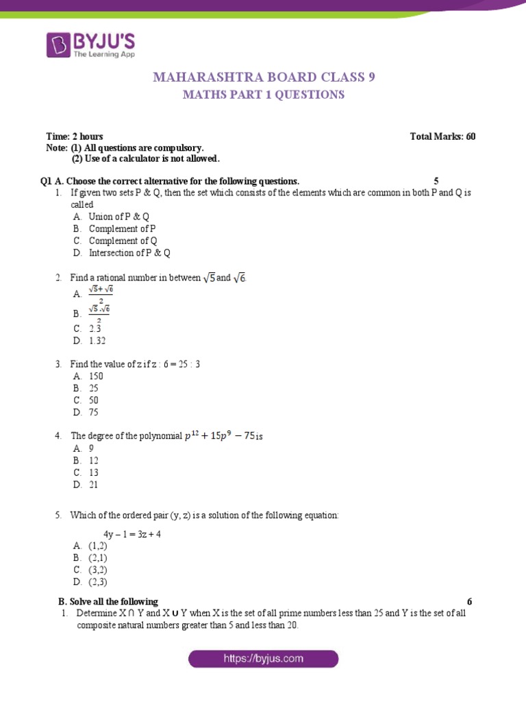 Maharashtra Board Class 9 Maths Sample Paper Part 1 Questions | PDF ...