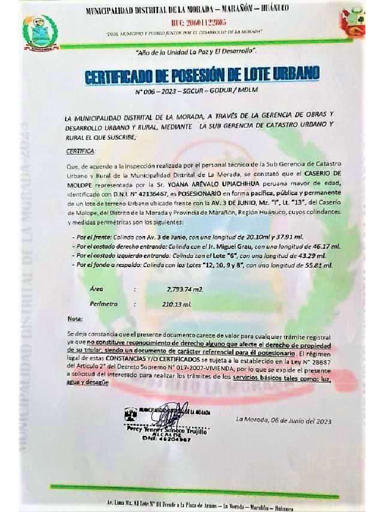 Certificado de Posesión Molope | PDF