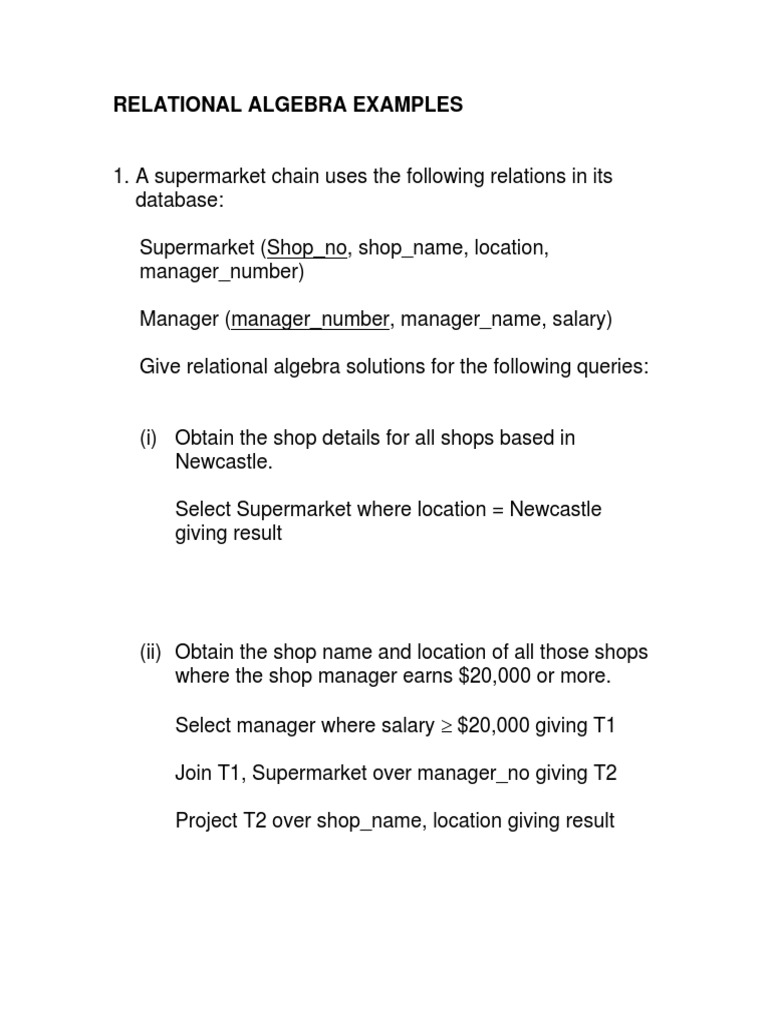 Relational Algebra Query Examples | PDF